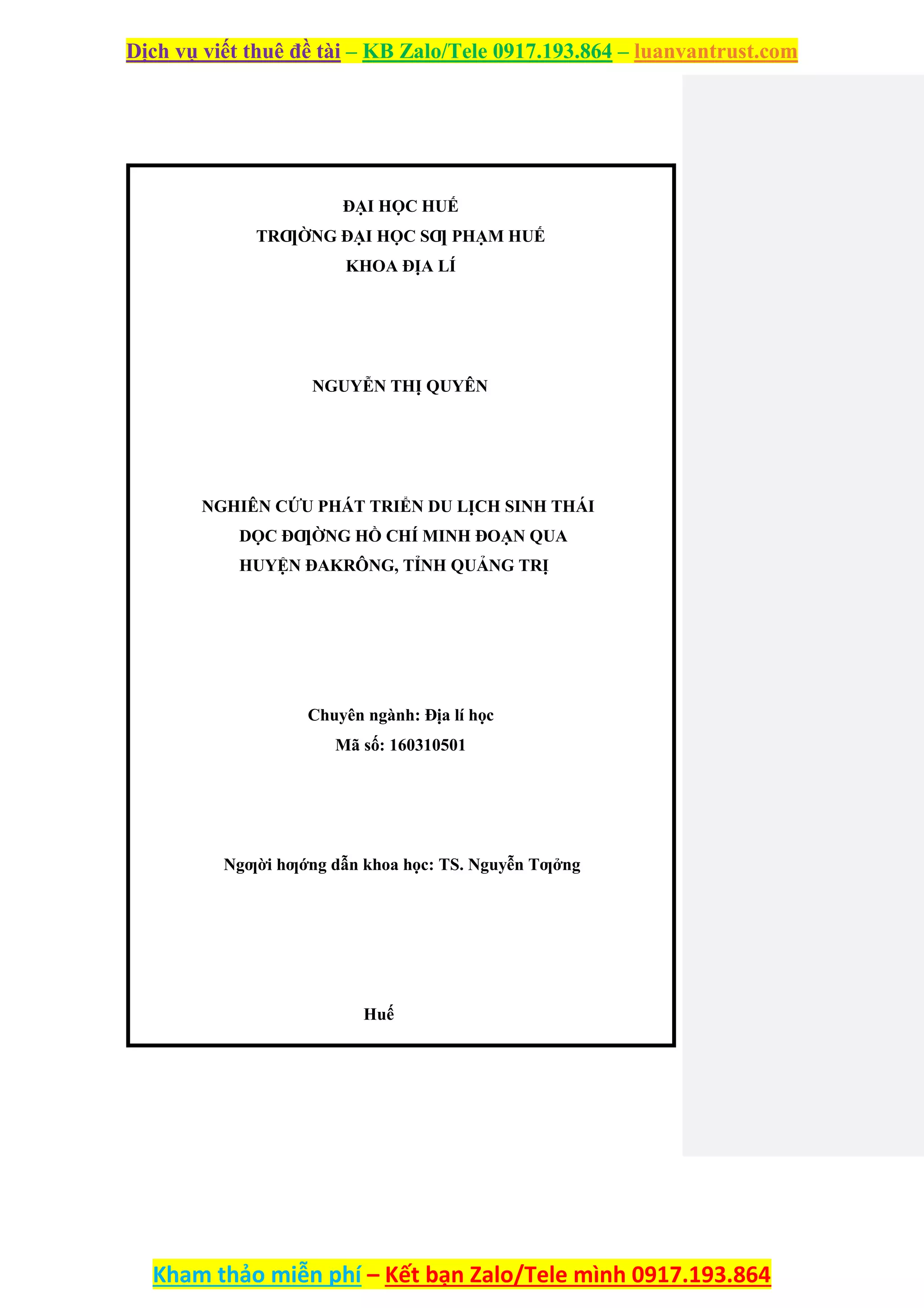 Nghiên cứu phát triển du lịch sinh thái dọc đường Hồ Chí Minh đoạn qua huyện đakrông, tỉnh Quảng ...