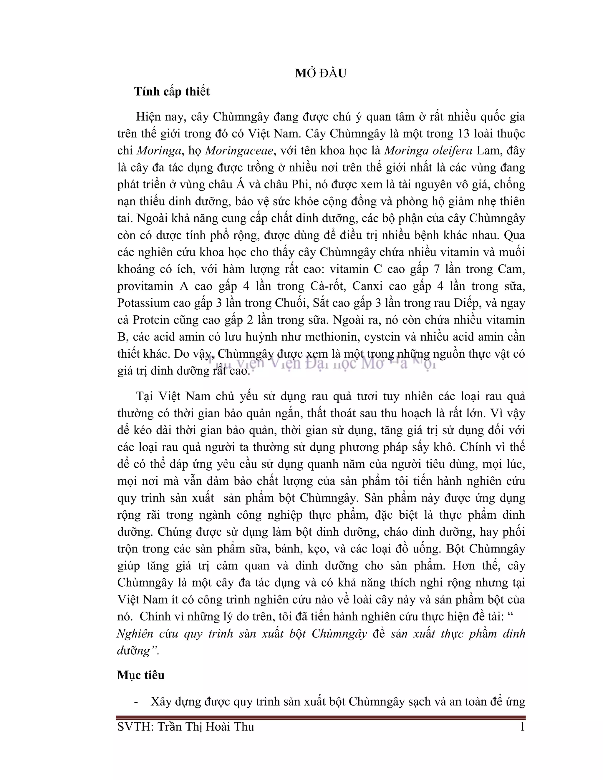 Nghiên cứu quy trình sản xuất bột chùm ngây để sản xuất thực phẩm dinh ...