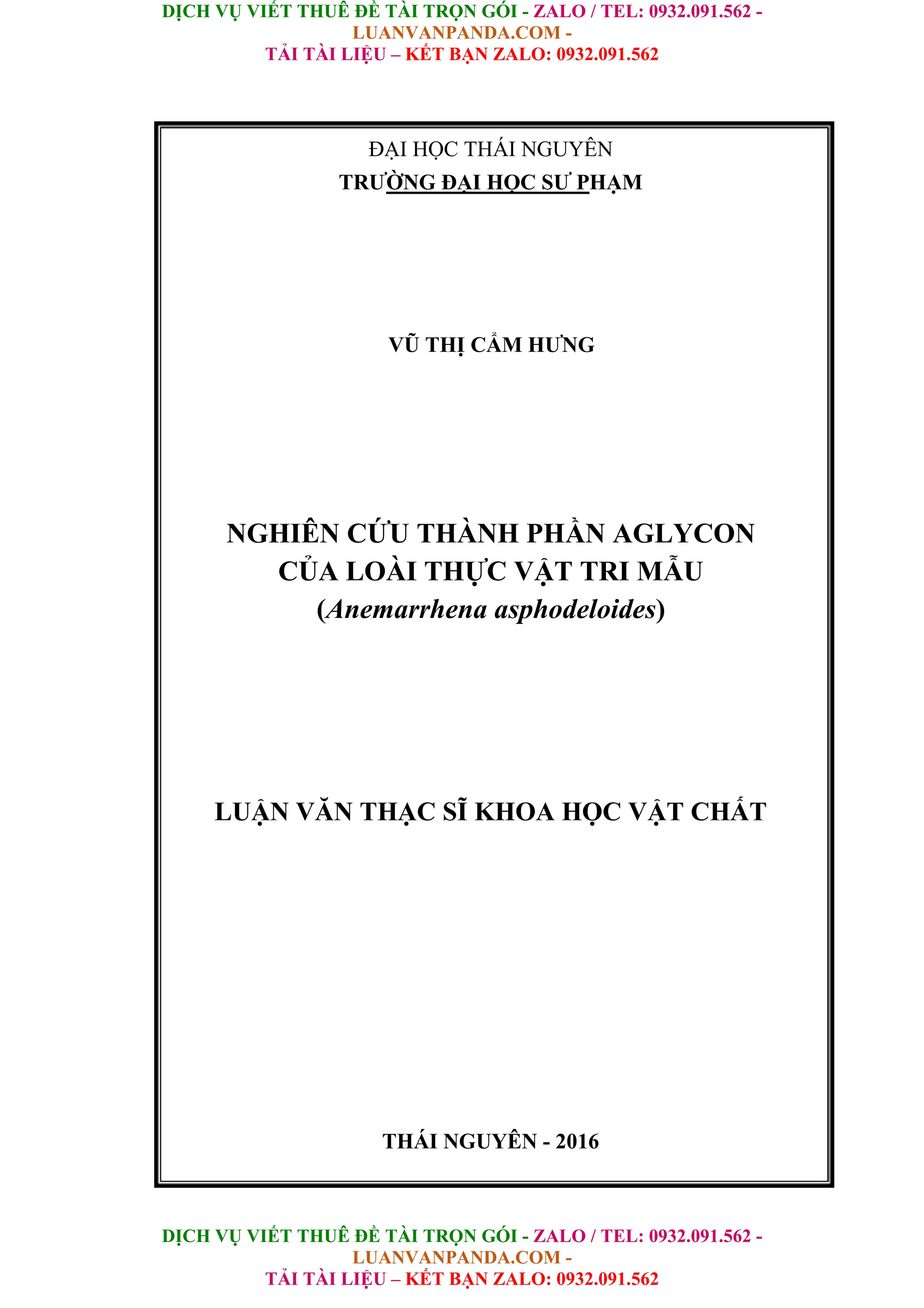 Nghiên Cứu Thành Phần Aglycon Của Loài Thực Vật Tri Mẫu (Anemarrhena ...