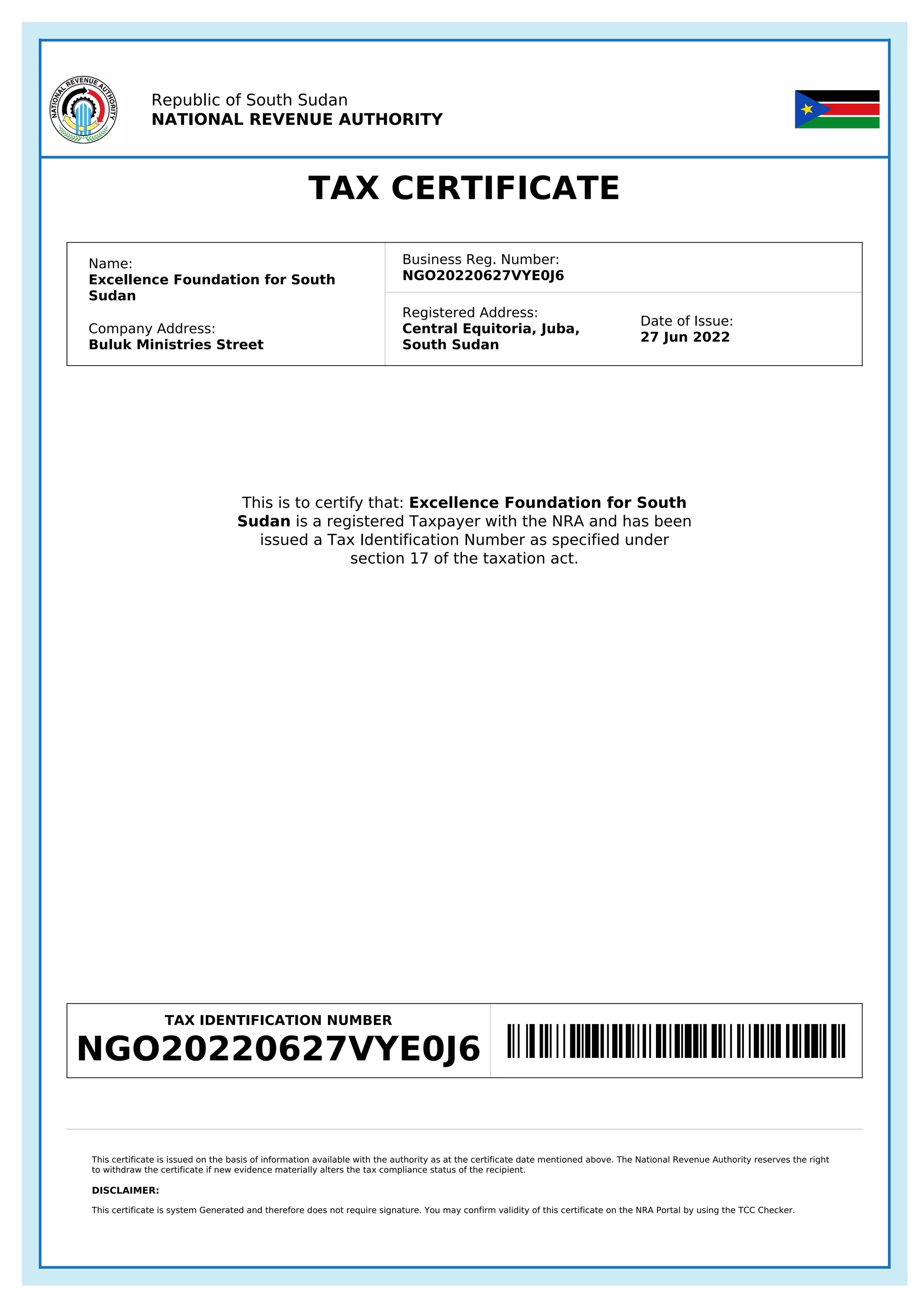 EXCELLENCE FOUNDATION FOR SOUTH SUDAN TAX CERTIFICATE | PDF