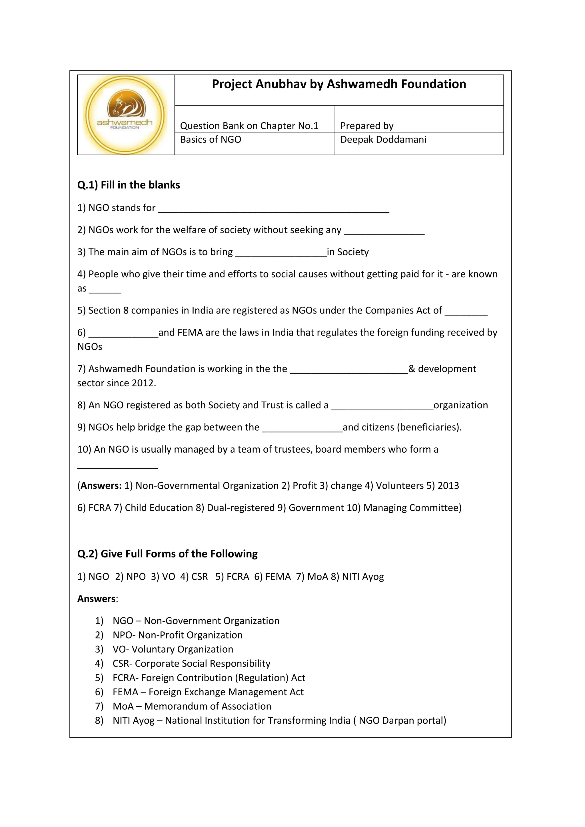 NGO basics: Chapter No.1 Project Anubhav | PDF
