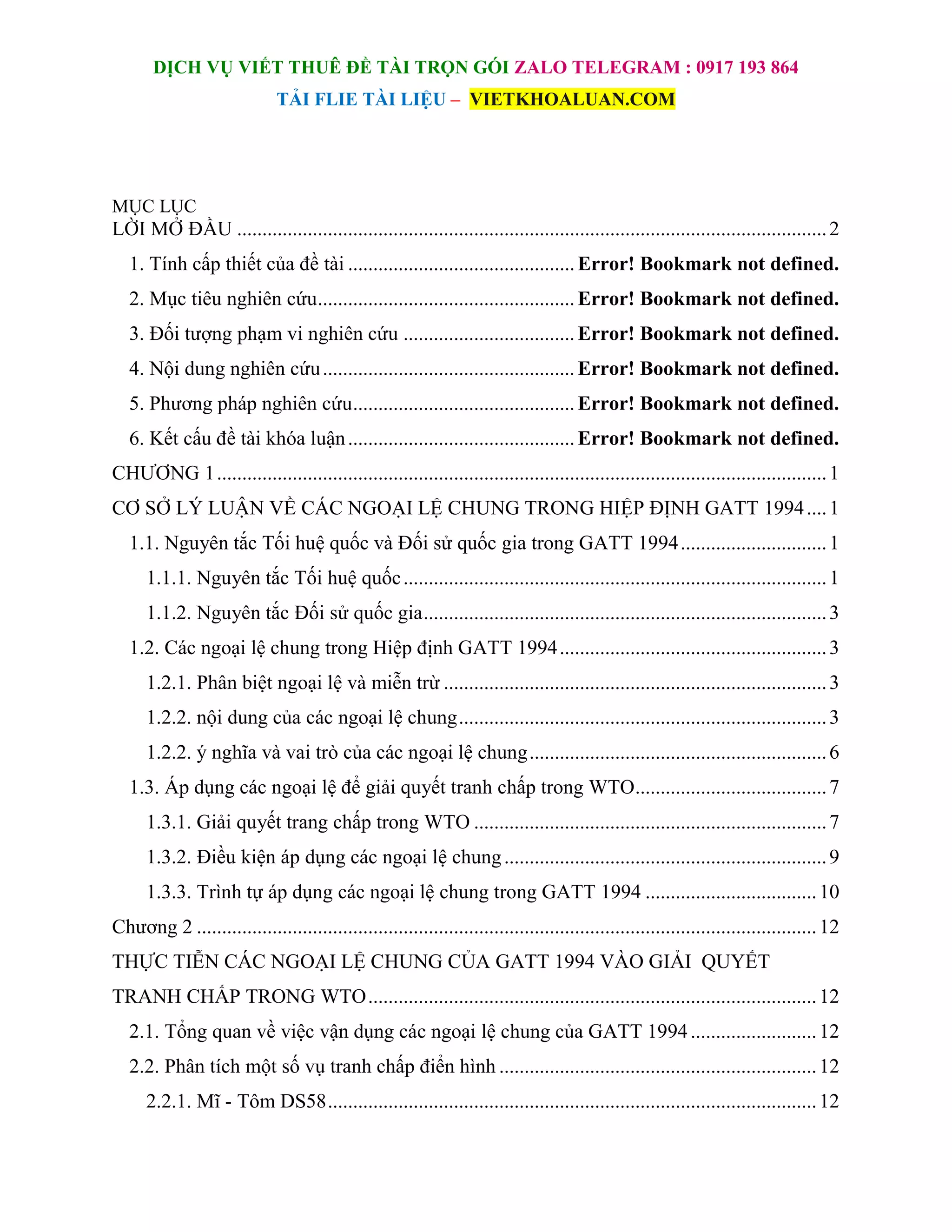 Ngoại Lệ Chung Trong Hiệp Định Gatt 1994 Qua Các Vụ Việc Giải Quyết Tranh Chấp | DOCX