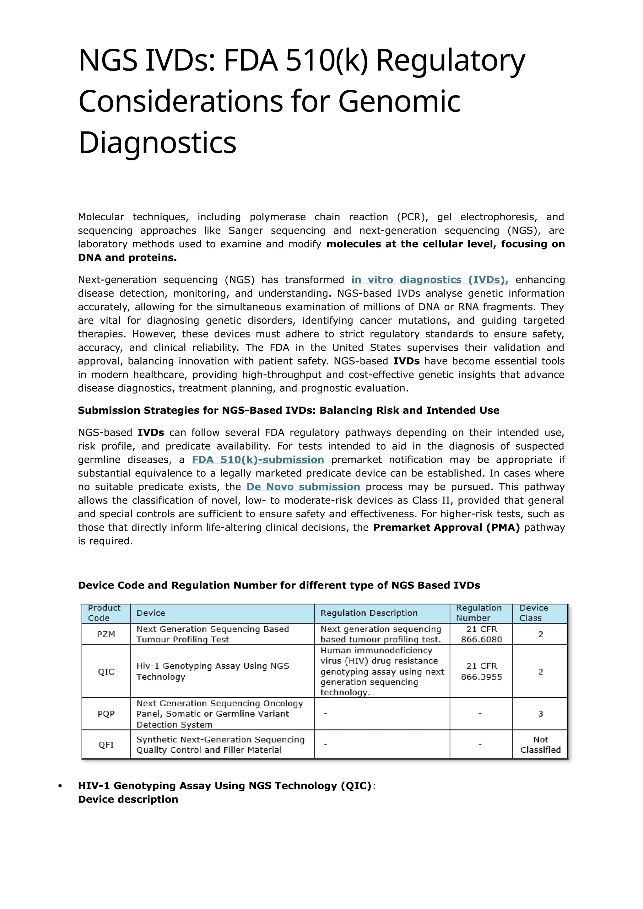 NGS IVDs: FDA 510(k) Regulatory Considerations for Genomic Diagnostics ...