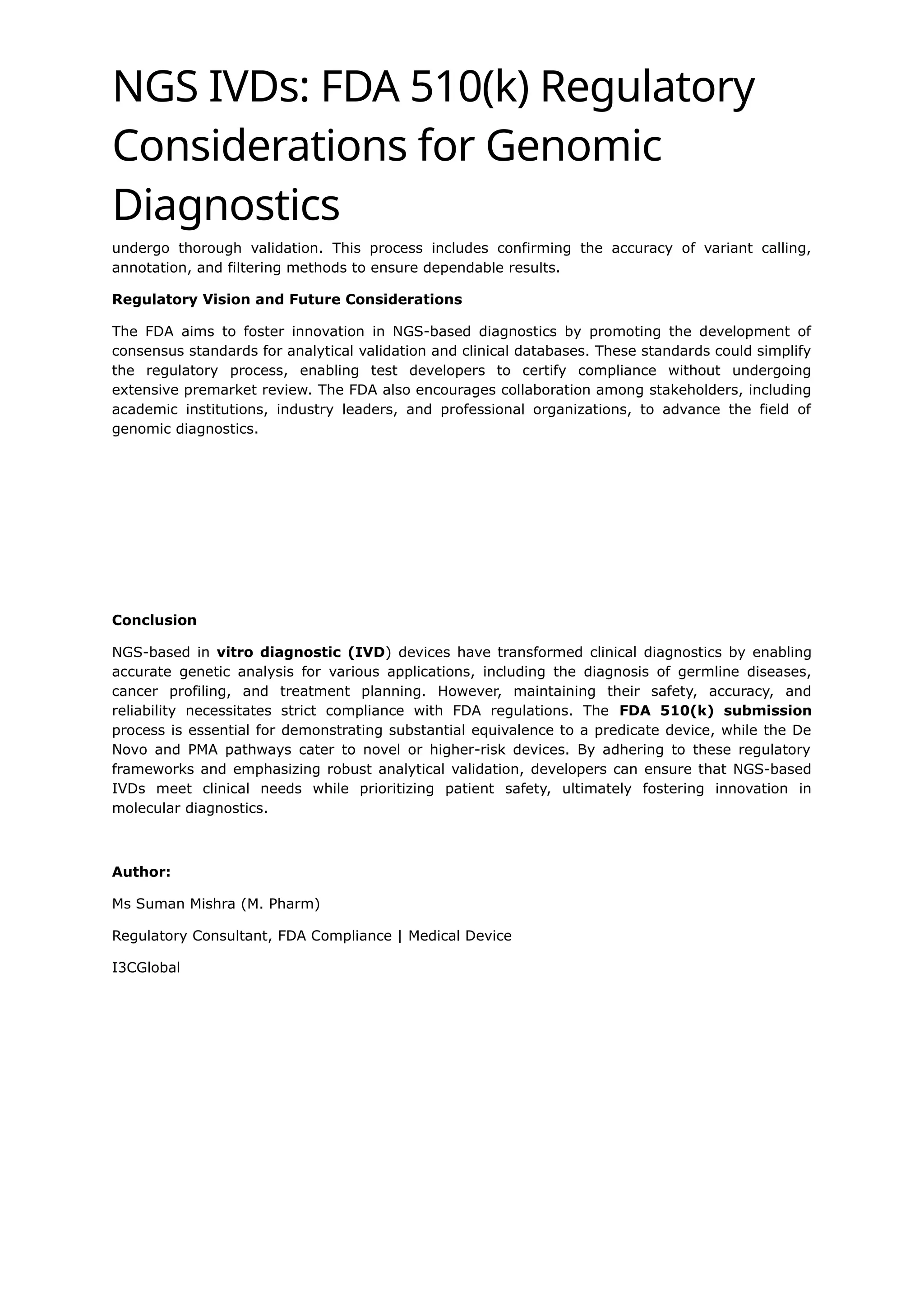 NGS IVDs: FDA 510(k) Regulatory Considerations for Genomic Diagnostics ...