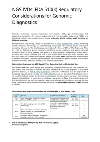 NGS IVDs: FDA 510(k) Regulatory Considerations for Genomic Diagnostics ...