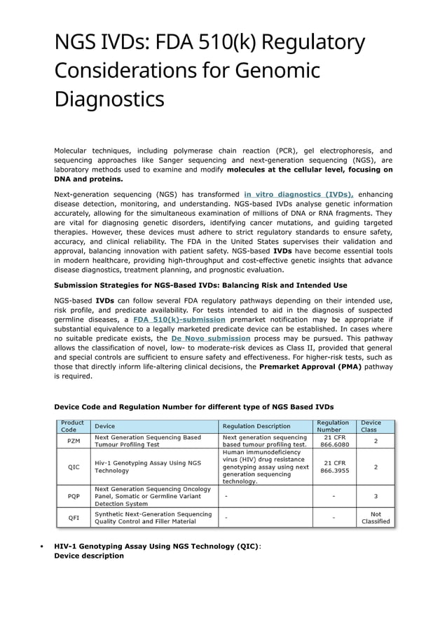 NGS IVDs: FDA 510(k) Regulatory Considerations for Genomic Diagnostics ...