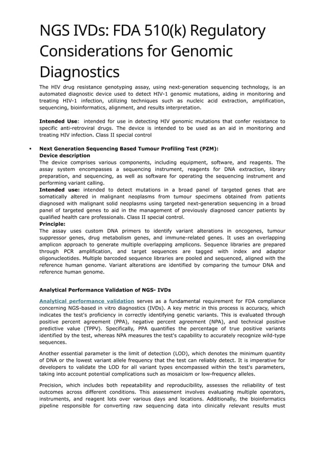 NGS IVDs: FDA 510(k) Regulatory Considerations for Genomic Diagnostics ...