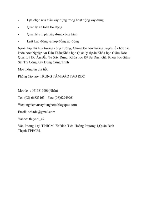 Đào tạo học chỉ huy trưởng công trình tại tphcm, đồng nai, bình dương. kiên giang | PDF