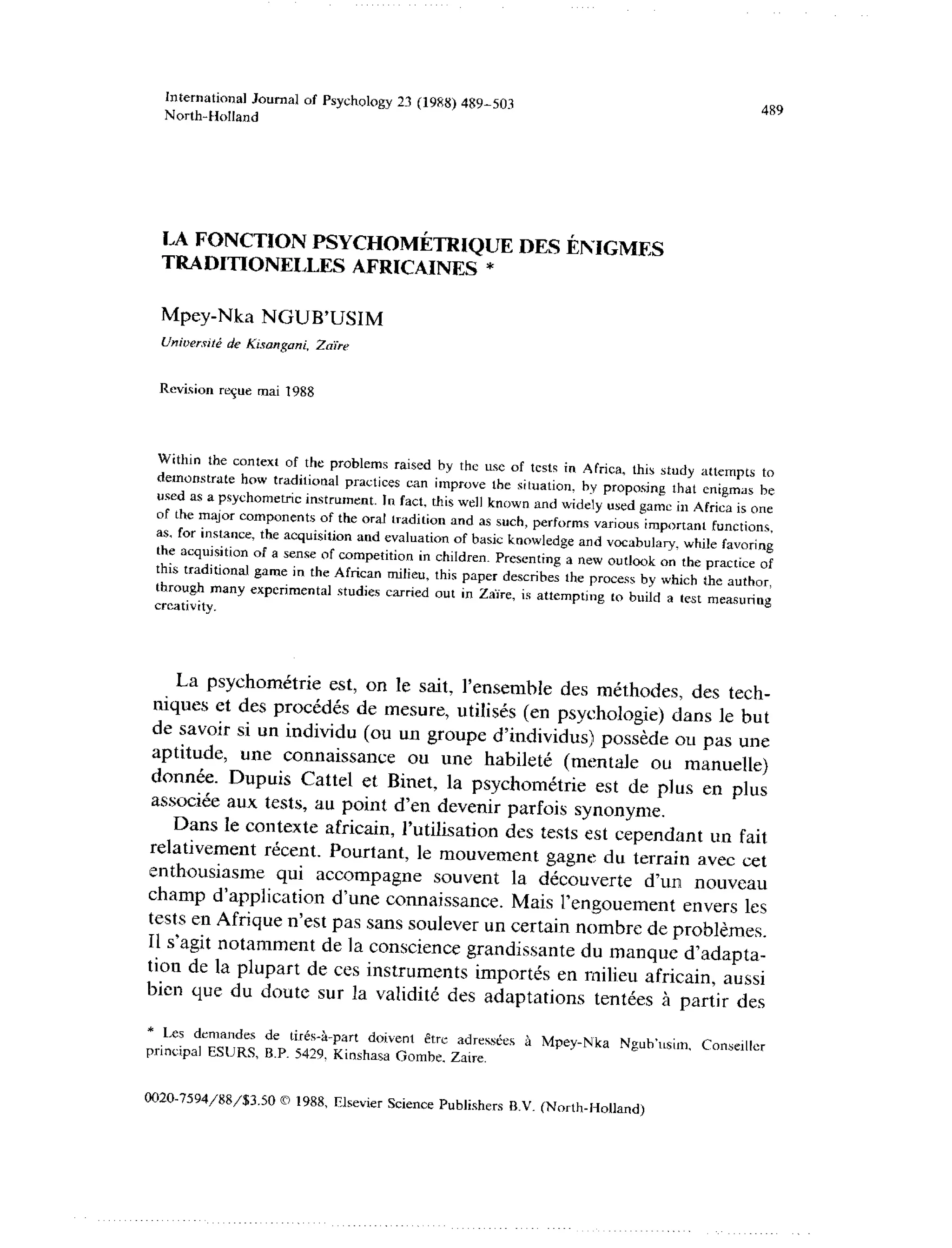 (Ngubusim 1988) The Psychometric Function Of Traditional African ...