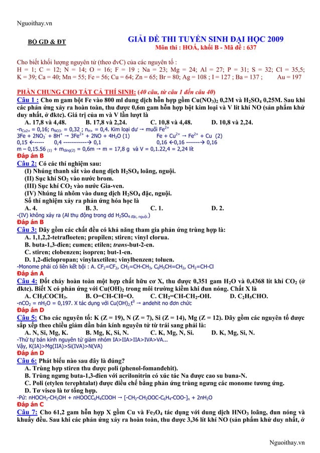 {Nguoithay.org} de thi dai hoc mon hoa khoi a,b 2009 giai chi tiet | PDF