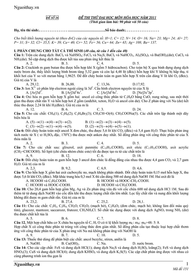 {Nguoithay.org} de thi thu dai hoc mon hoa lan 1 nam 2011 | PDF