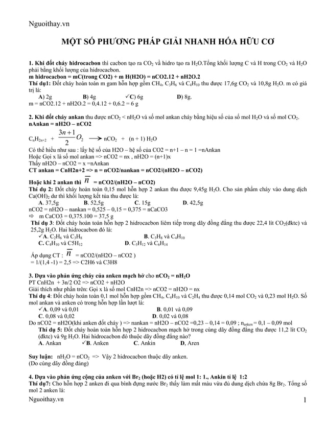{Nguoithay.vn} cac cong thuc giai nhanh hoa hoc huu co co loi giai | PDF