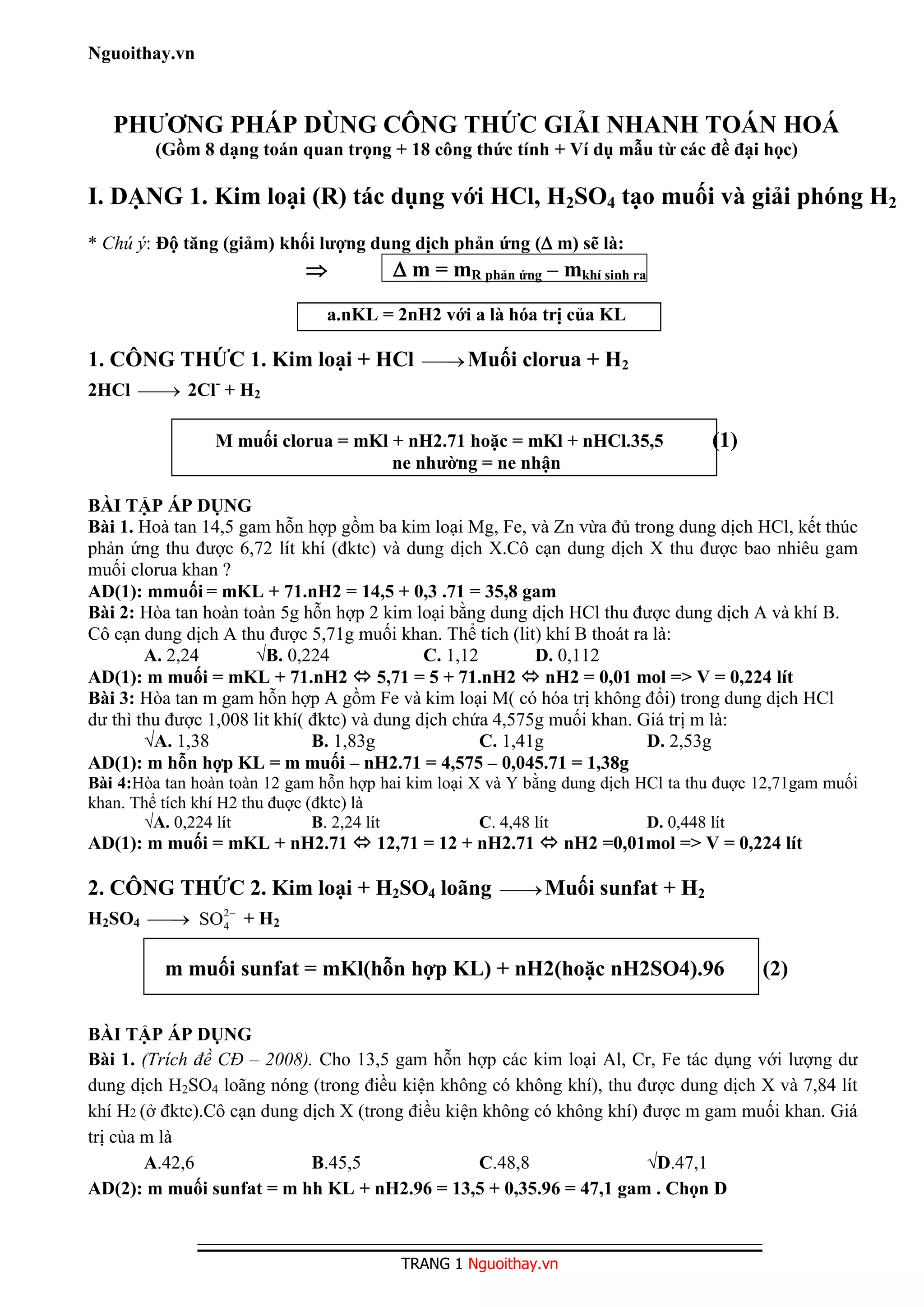 {Nguoithay.vn} cac cong thuc giai nhanh hoa hoc vo co | PDF