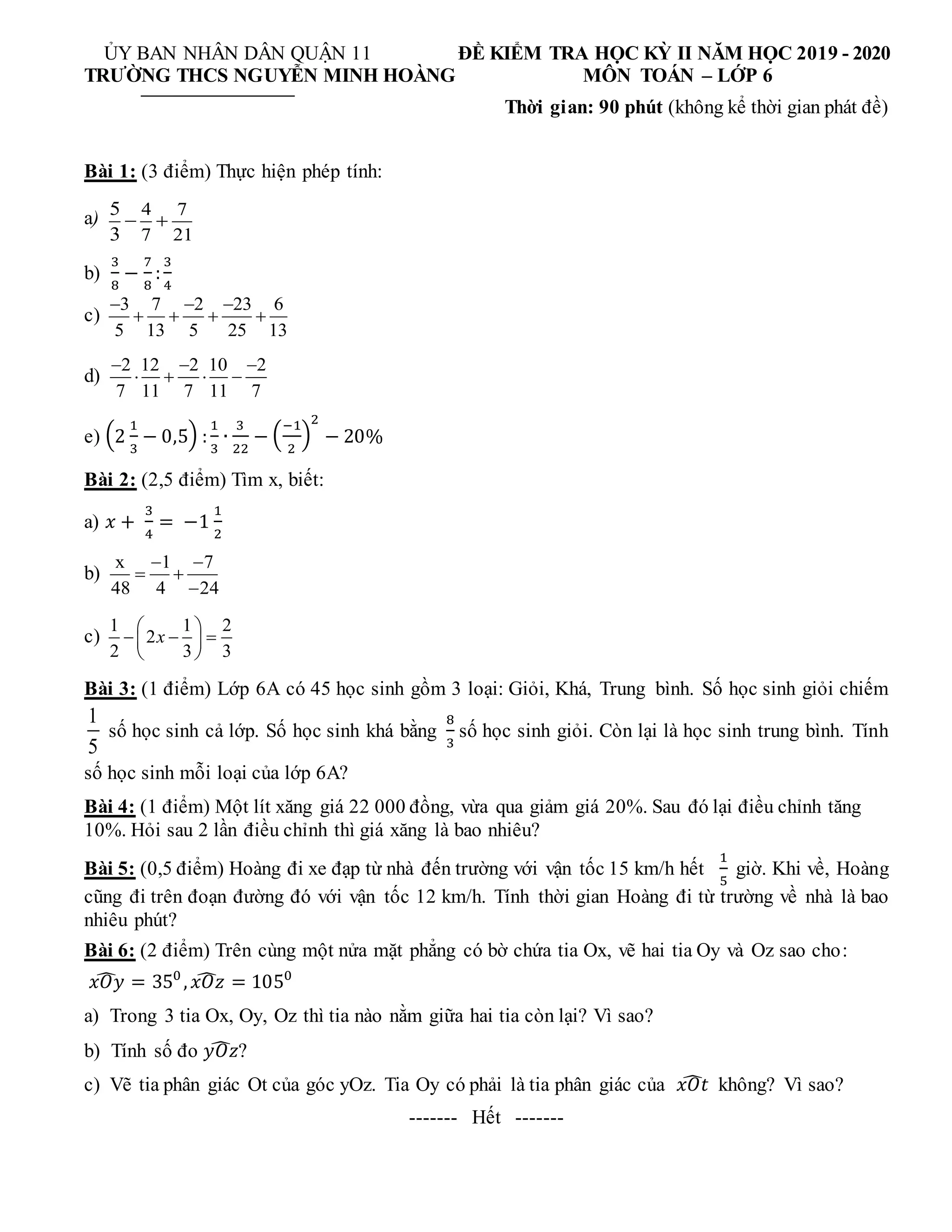 Đề Thi HK2 Toán 6 - THCS Nguyễn Minh Hoàng | PDF