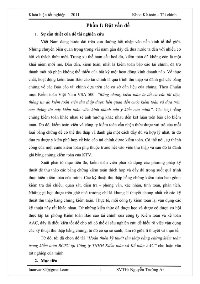 Hoàn thiện kỹ thuật thu thập bằng chứng kiểm toán trong kiểm toán BCTC tại Công ty TNHH Kiểm ...