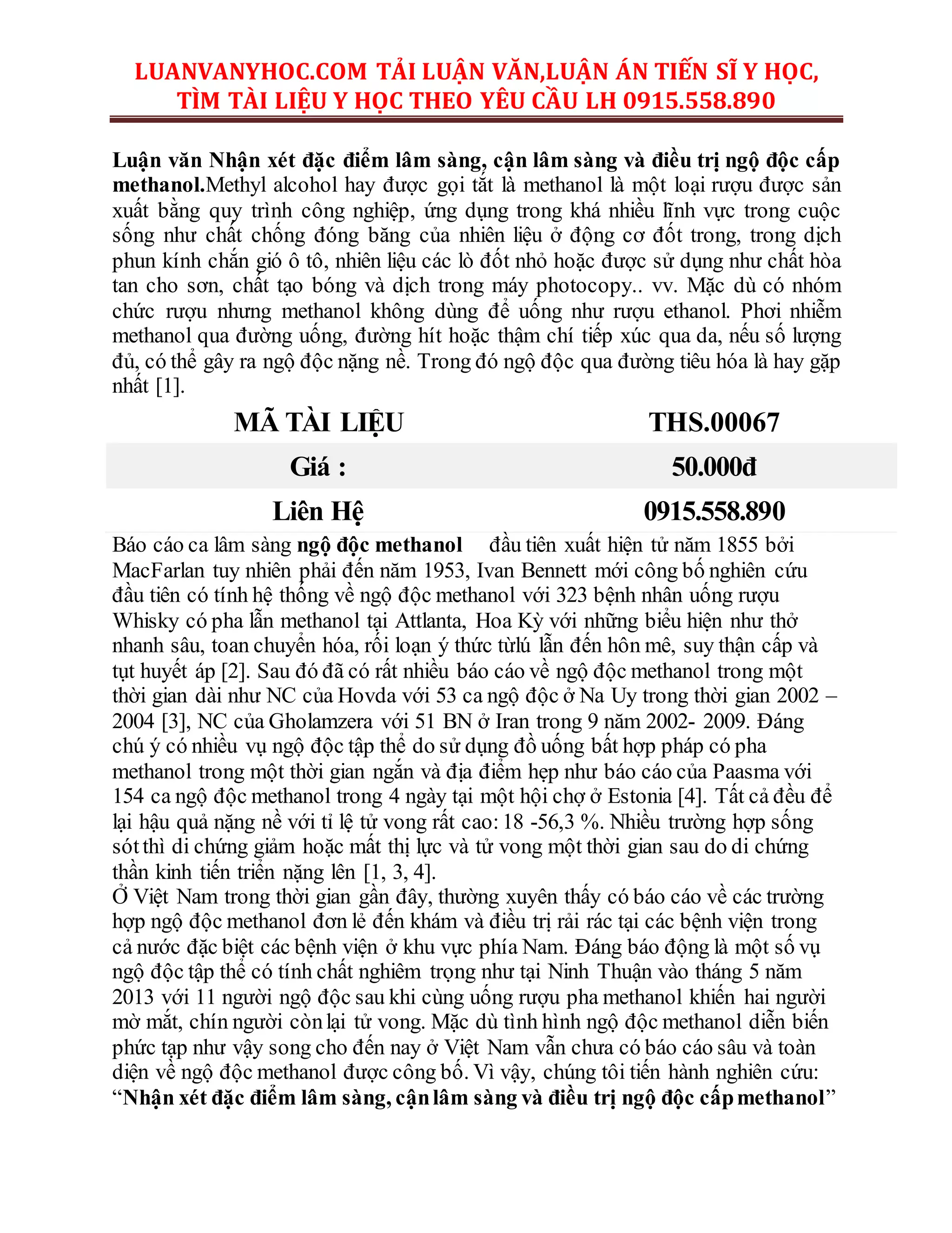 Nhan xet dac diem lam sang can lam sang va dieu tri ngo doc cap methanol | DOCX