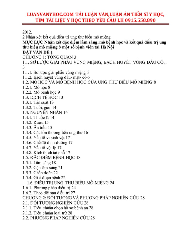 Nhan xet dac diem lam sang, mo benh hoc va ket qua dieu tri ung thu bieu mo mieng | DOCX