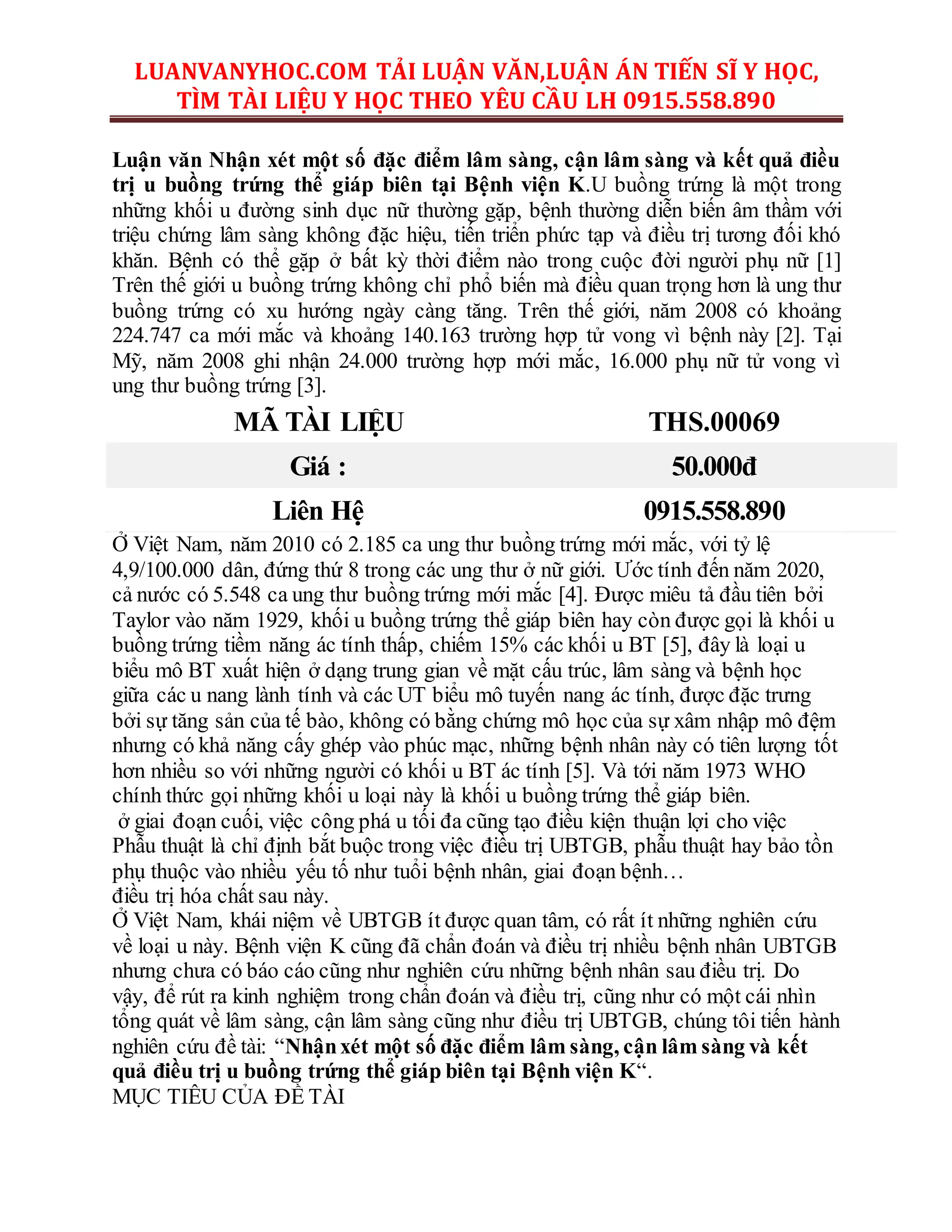 Nhan xet mot so dac diem lam sang, can lam sang va ket qua dieu tri u buong trung the giap bien ...