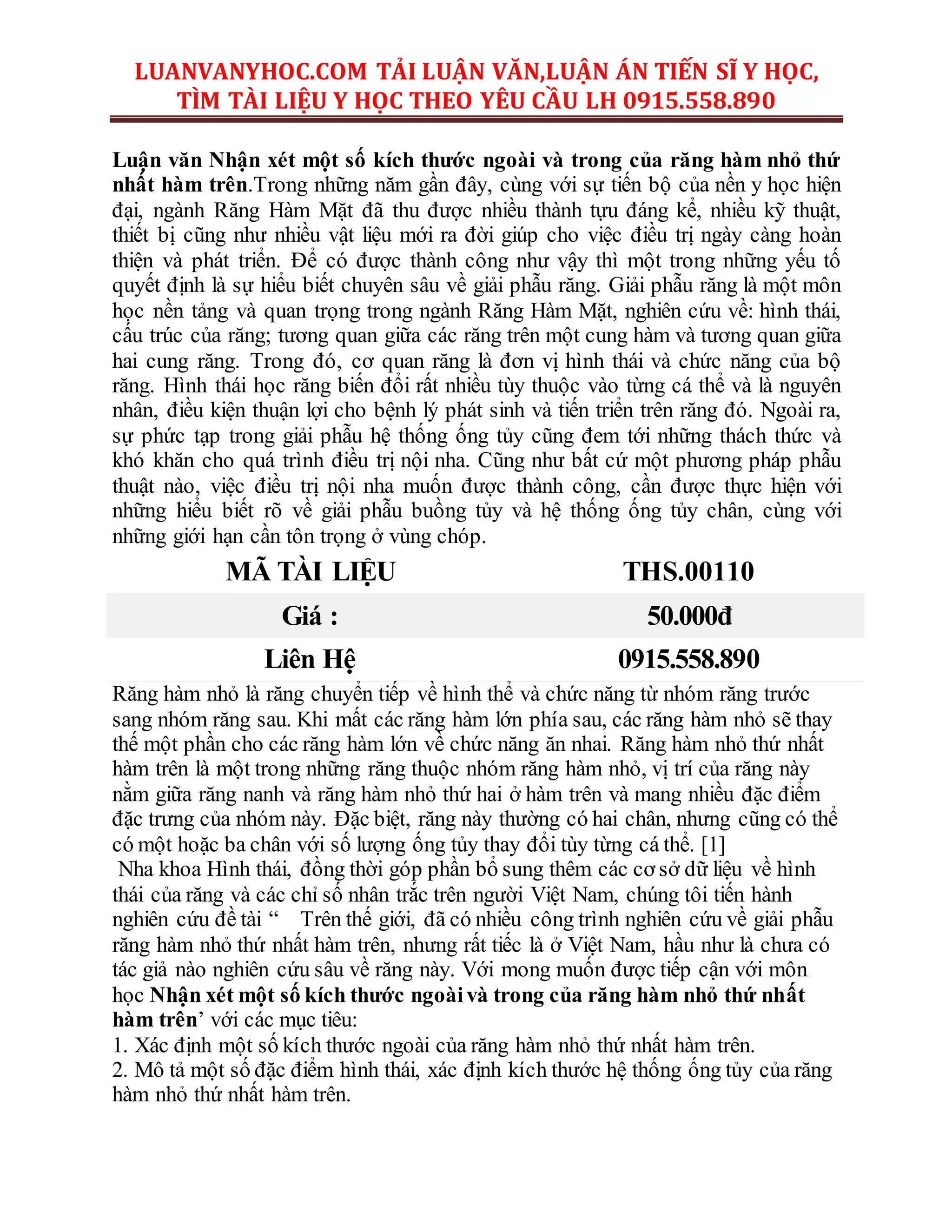 Nhan xet mot so kich thuoc ngoai va trong cua rang ham nho thu nhat ham ...