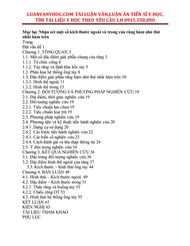 Nhan xet mot so kich thuoc ngoai va trong cua rang ham nho thu nhat ham tren | DOCX