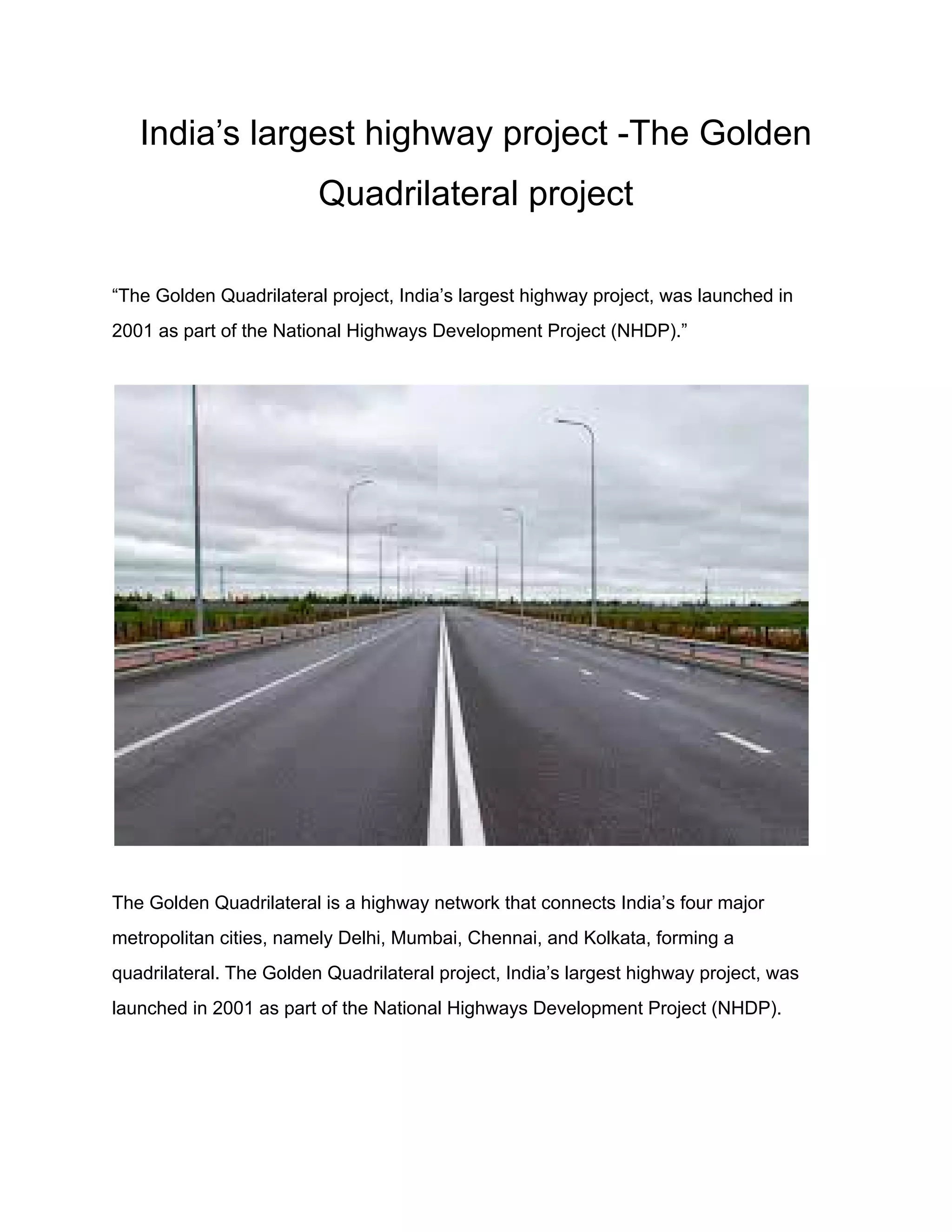 India’s largest highway project -The Golden Quadrilateral project | PDF ...