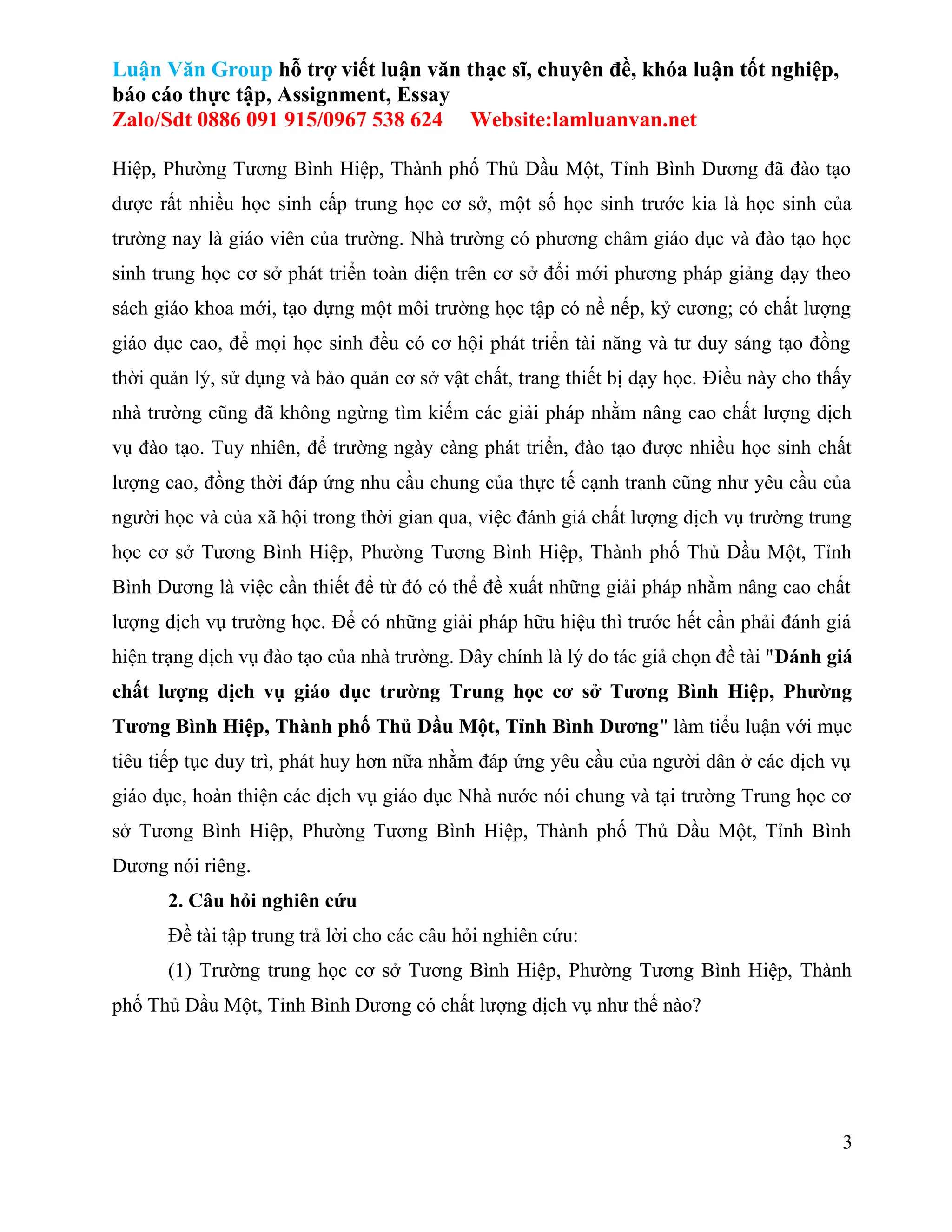 Đánh giá chất lượng dịch vụ giáo dục trường Trung học cơ sở Tương Bình Hiệp, Phường Tương Bình ...