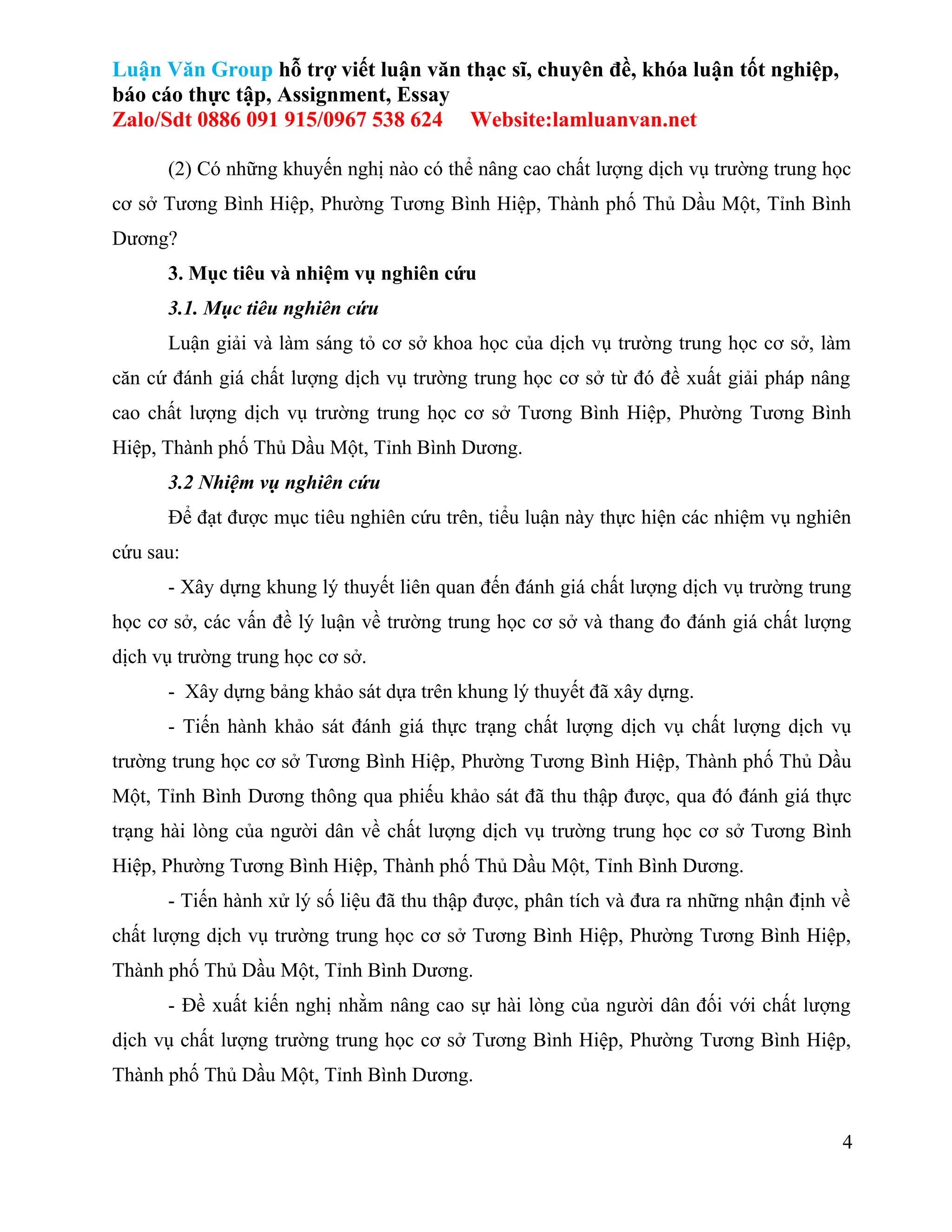 Đánh giá chất lượng dịch vụ giáo dục trường Trung học cơ sở Tương Bình Hiệp, Phường Tương Bình ...