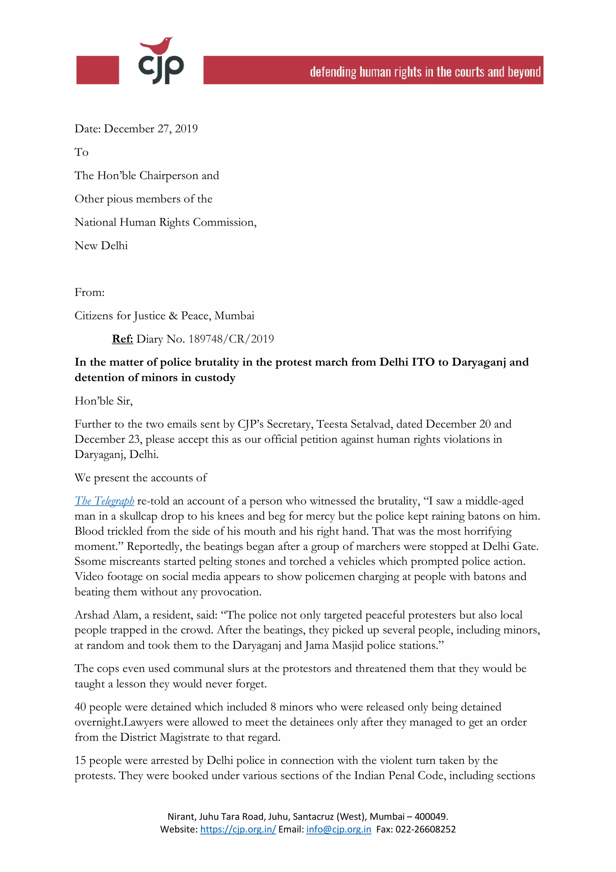 Nhrc petition delhi 27 dec2019 (CJP) | PDF | Crime & Harmful Acts to Individuals, Society ...