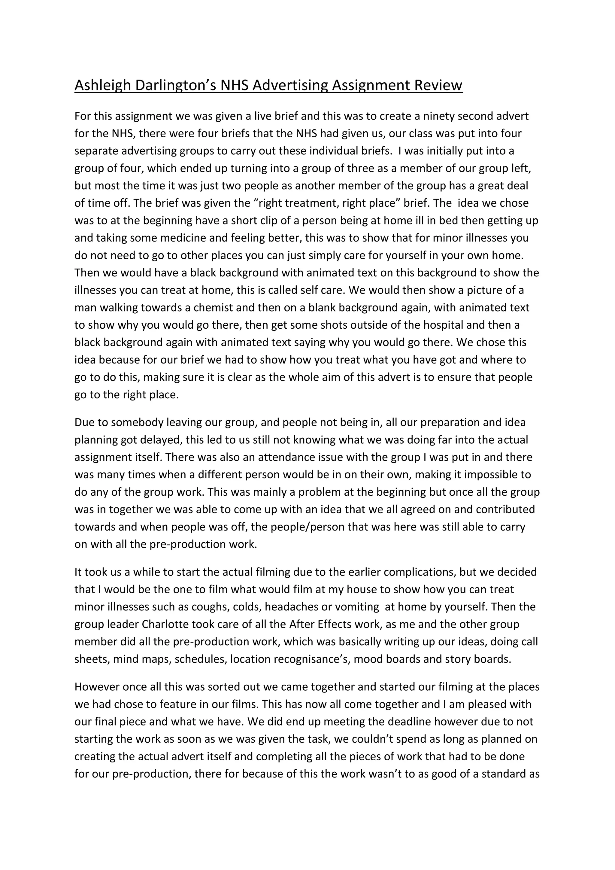 Nhs advertising review and reflection | PDF