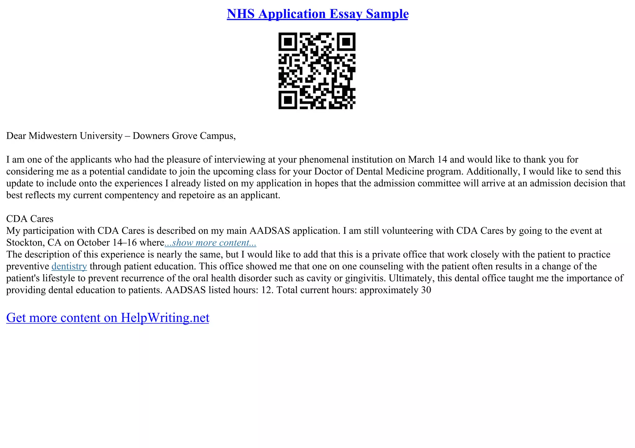 Nhs Application Essay Sample | PPT