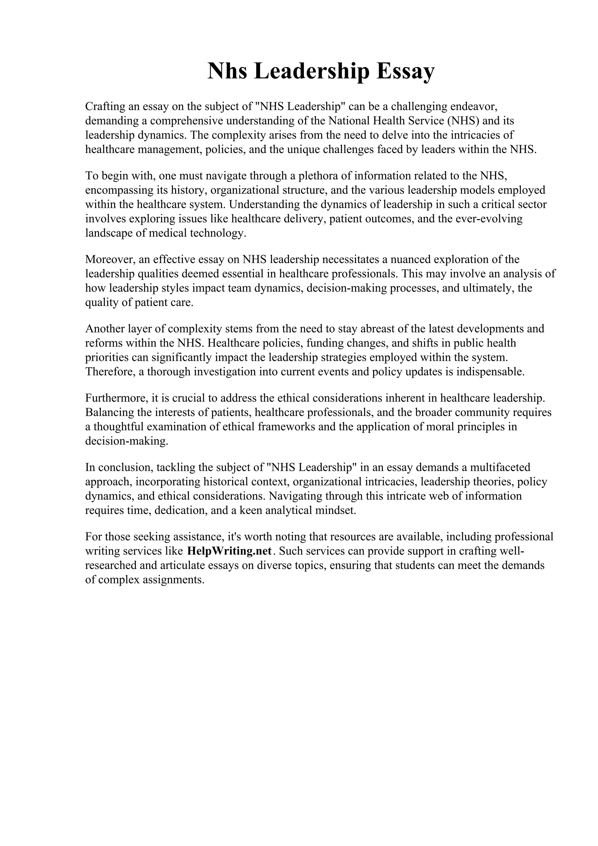 Nhs Leadership Essay | PDF