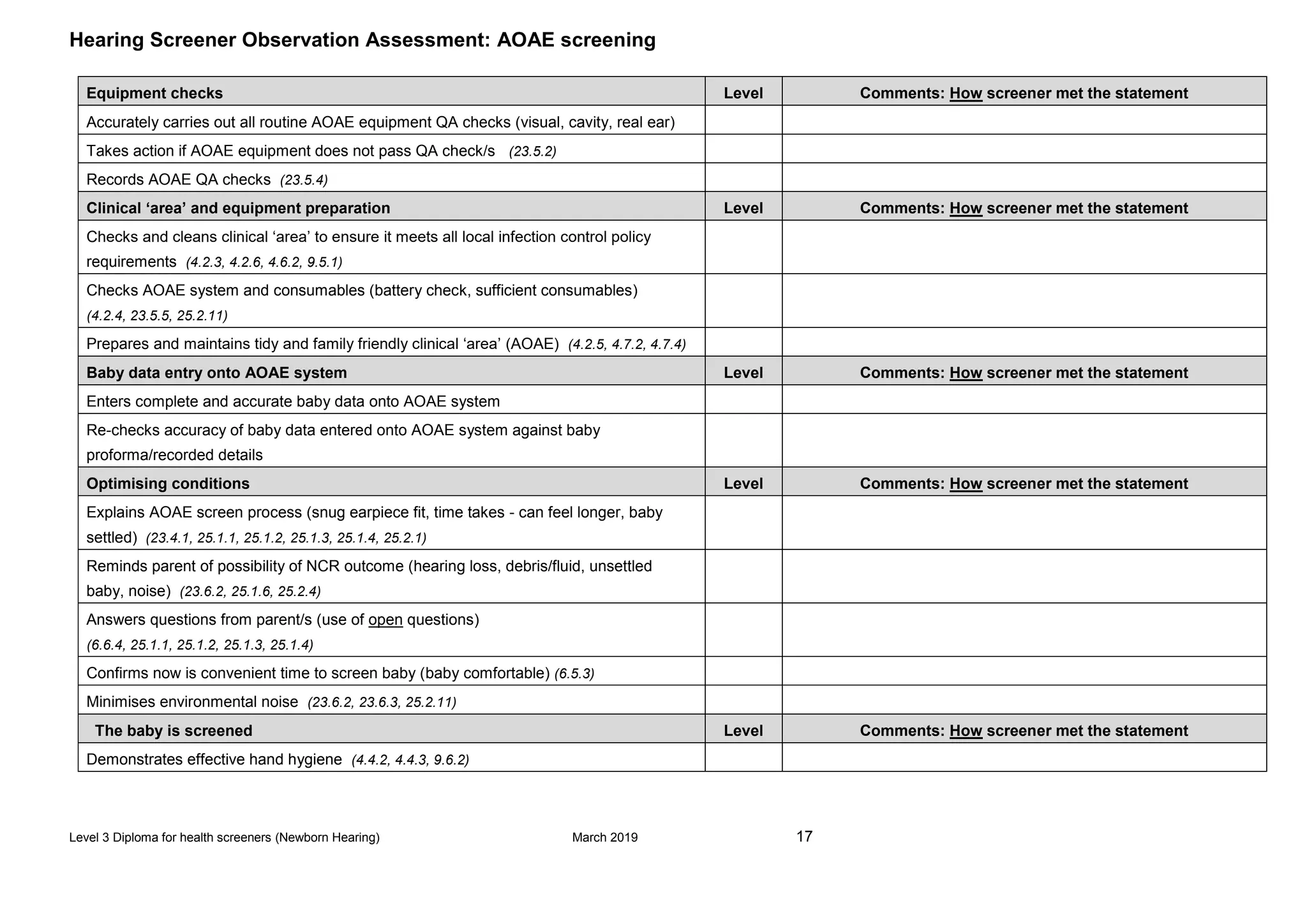 NHSP health screener diploma observation checklists March 2019 | PDF