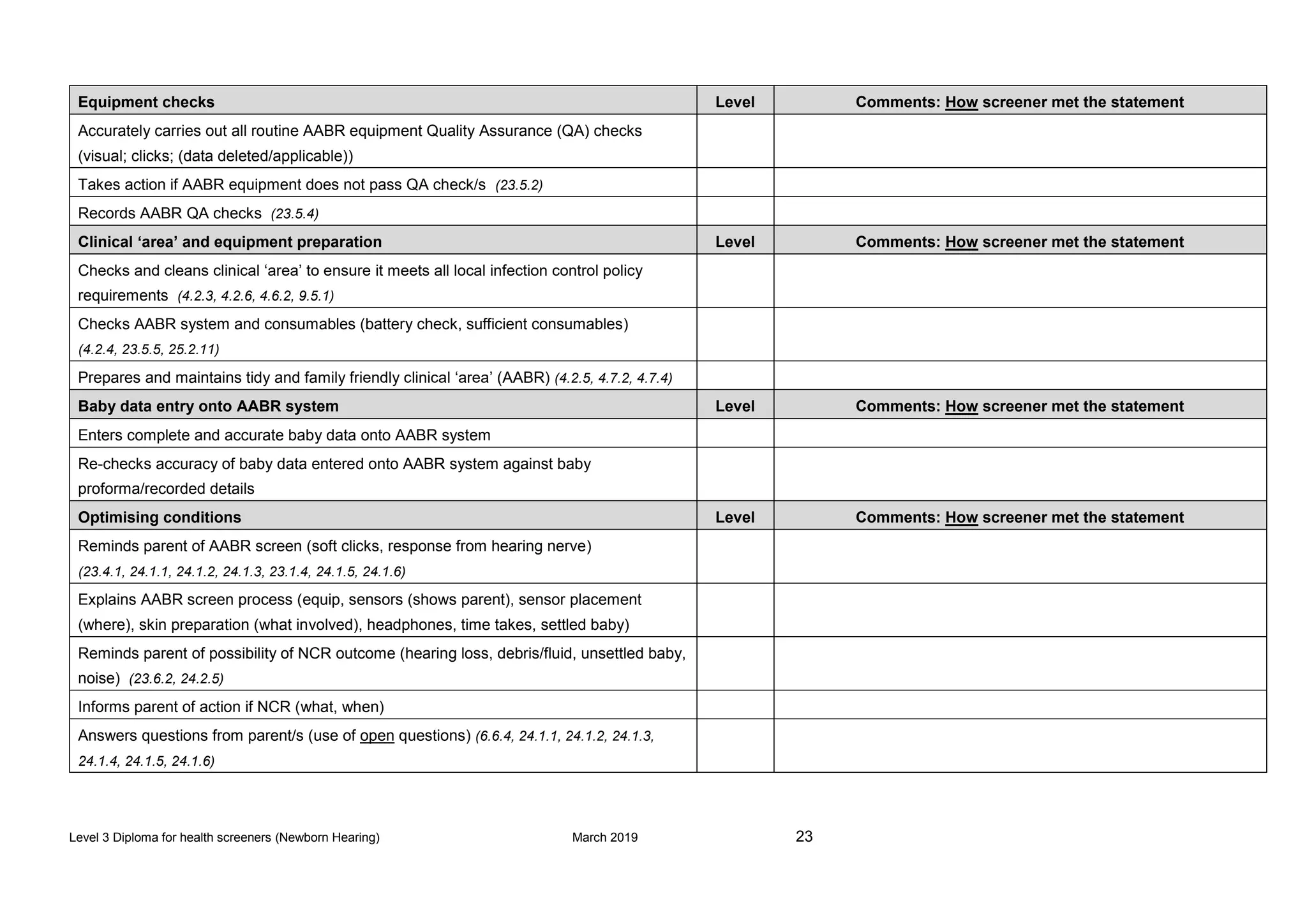 NHSP health screener diploma observation checklists March 2019 | PDF