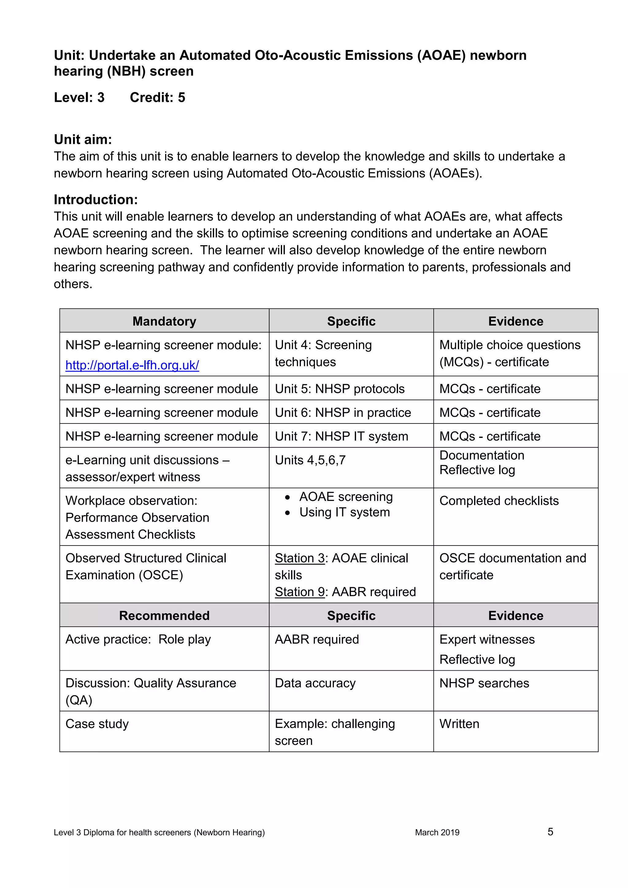 NHSP health screener diploma observation checklists March 2019 | PDF