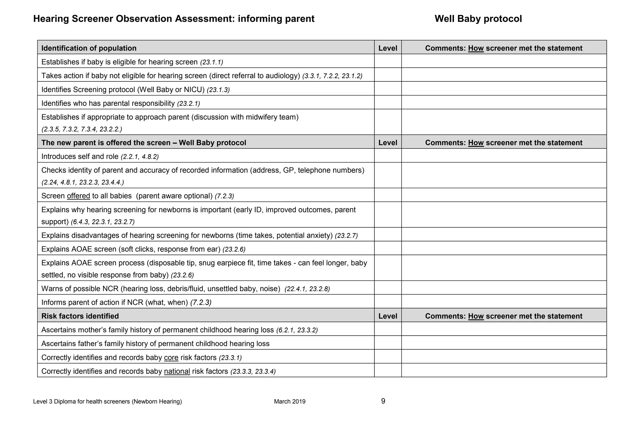 NHSP health screener diploma observation checklists March 2019 | PDF