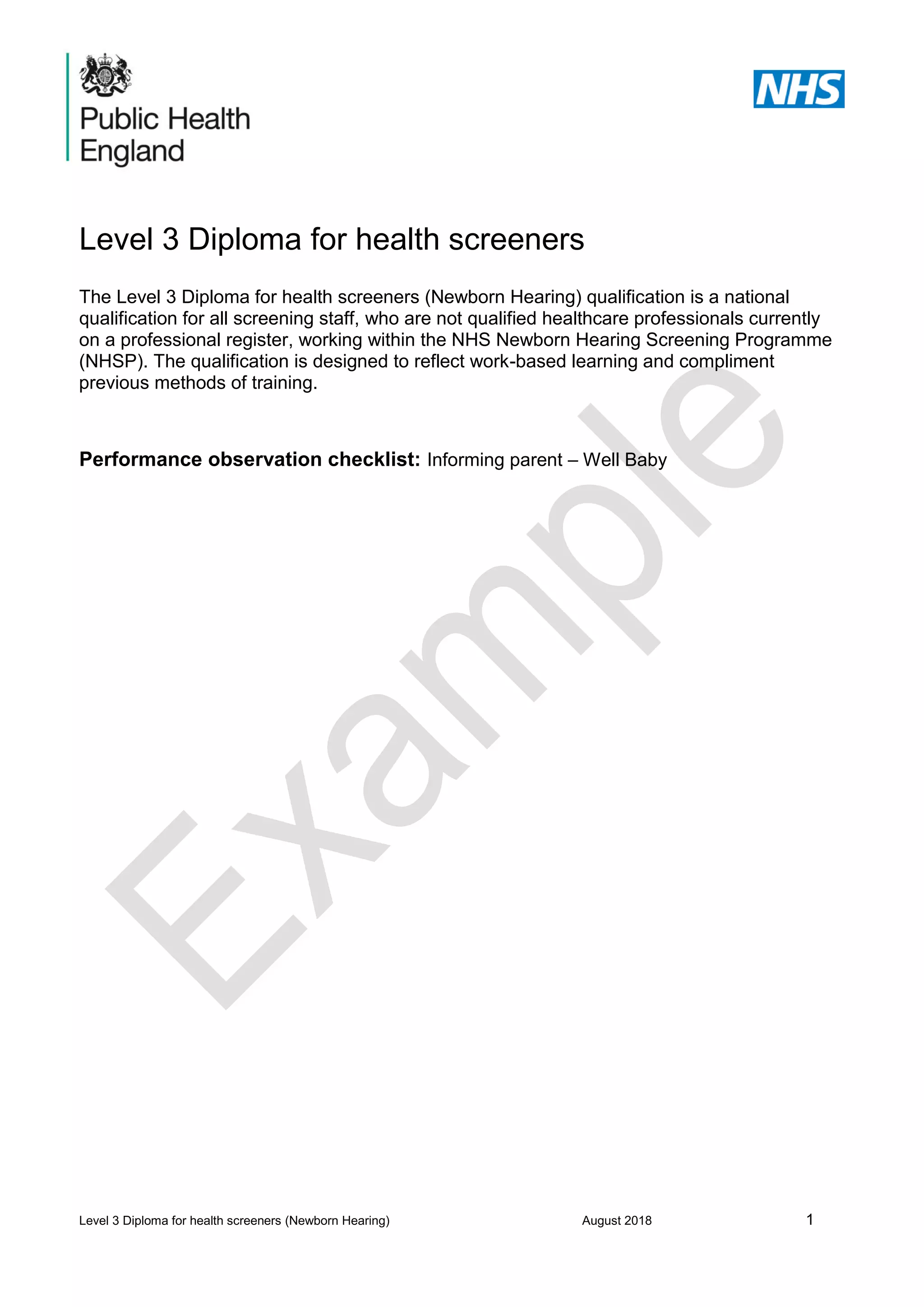 NHSP health screener diploma observation checklists worked example | PDF
