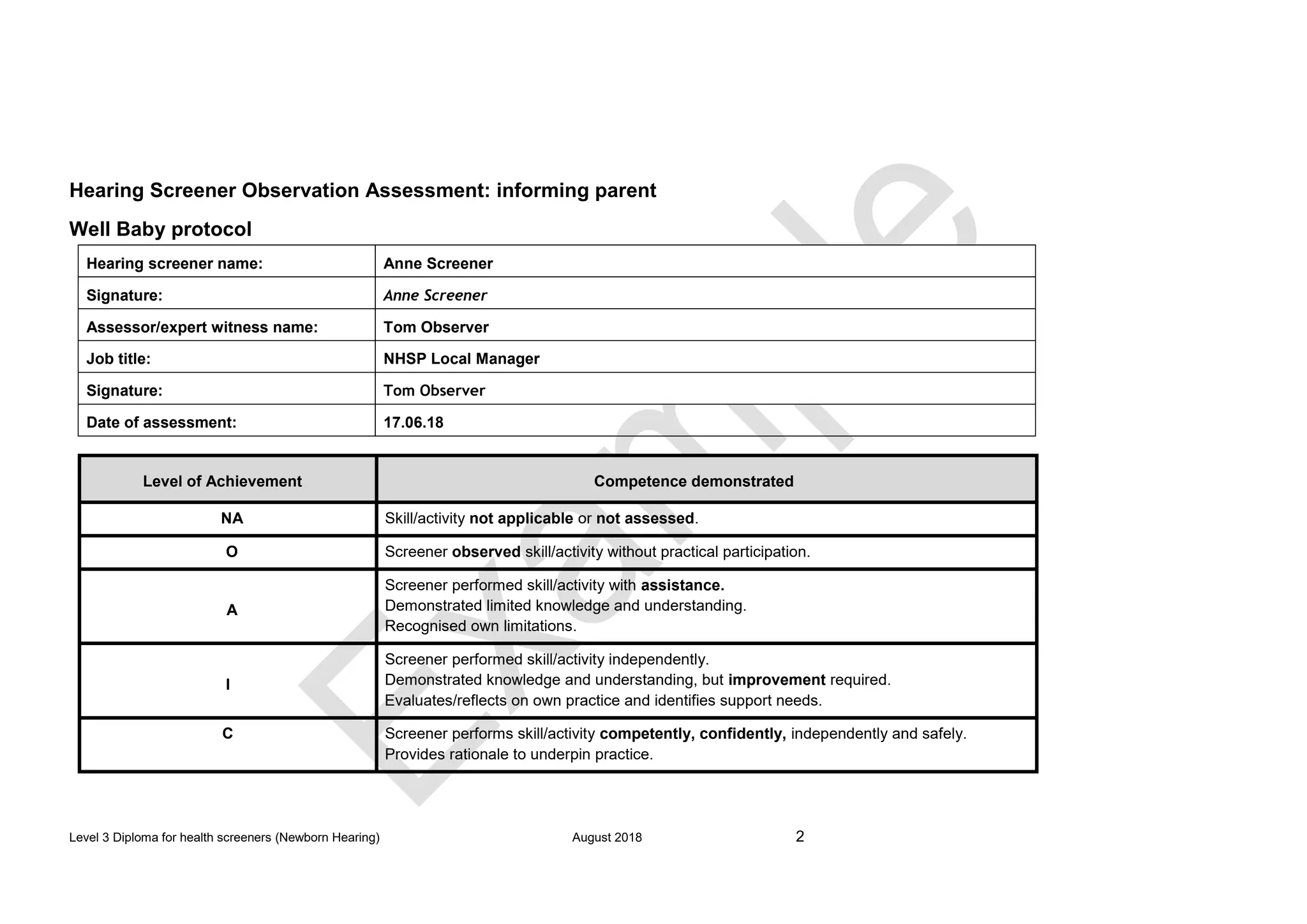 NHSP health screener diploma observation checklists worked example | PDF