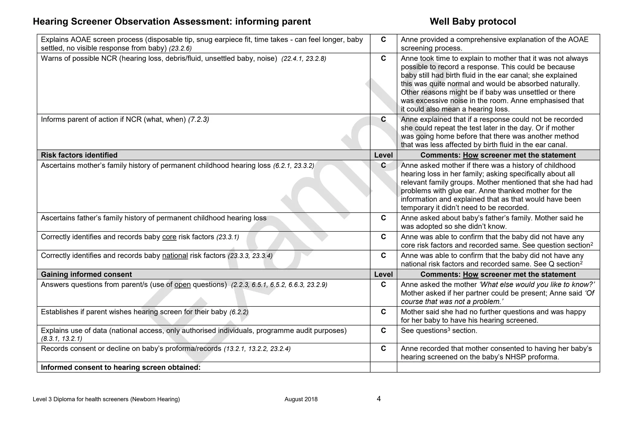 NHSP health screener diploma observation checklists worked example | PDF