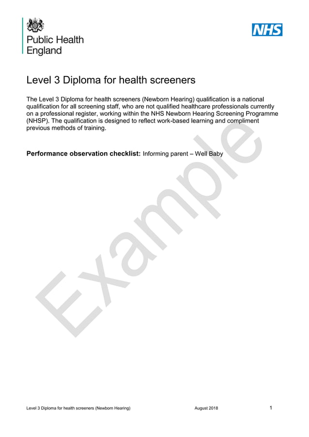 NHSP health screener diploma observation checklists worked example | PDF