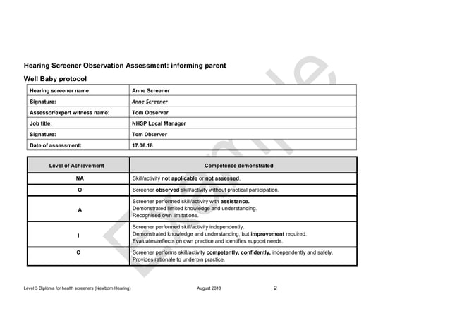 NHSP health screener diploma observation checklists worked example | PDF