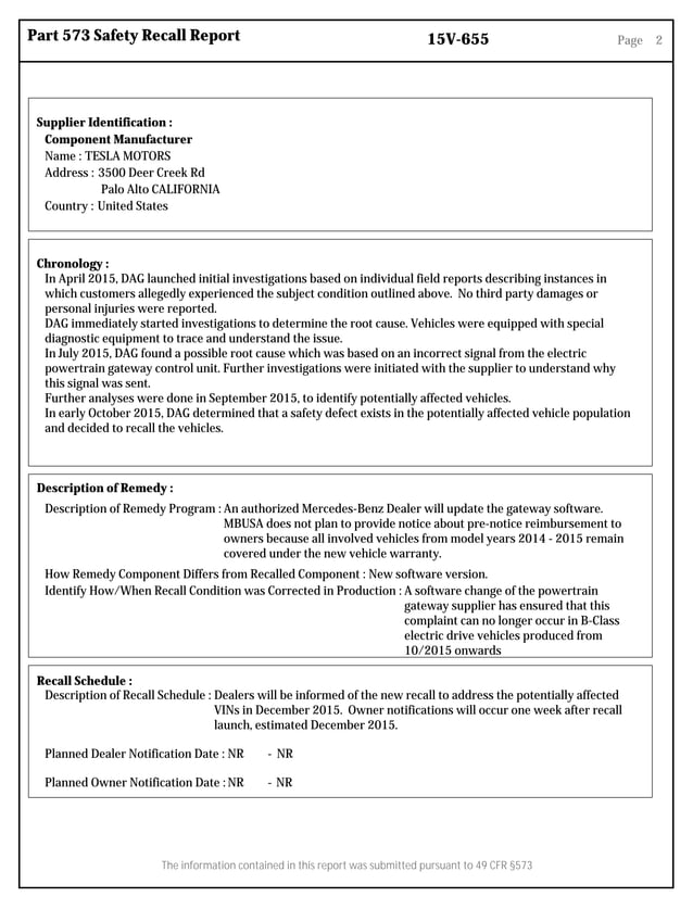 NHTSA Mercedes B Class Recall | PDF