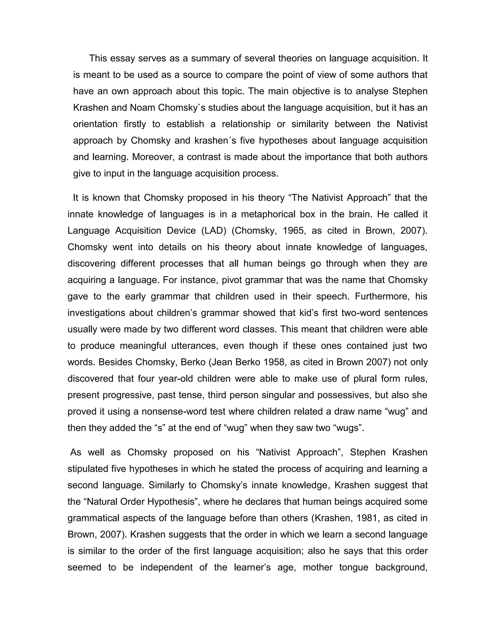 “Comparative essay. Comparing Krashen and Chomsky`s approaches on language acquisition”. | DOCX