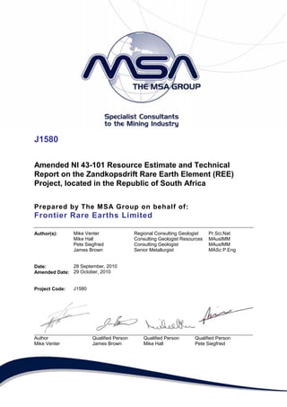 Frontier Rare Earths - Resource Estimate / Technical Report - NI 43 101 | PDF
