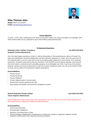 Nibu john cv | DOC | Business | Business and Finance