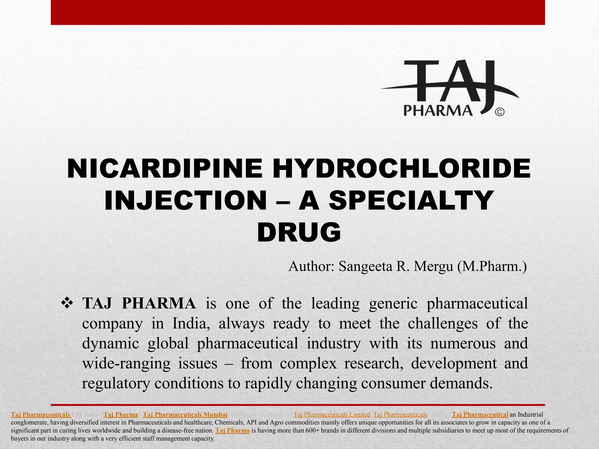 NICARDIPINE HYDROCHLORIDE INJECTION – A SPECIALTY DRUG | PPT