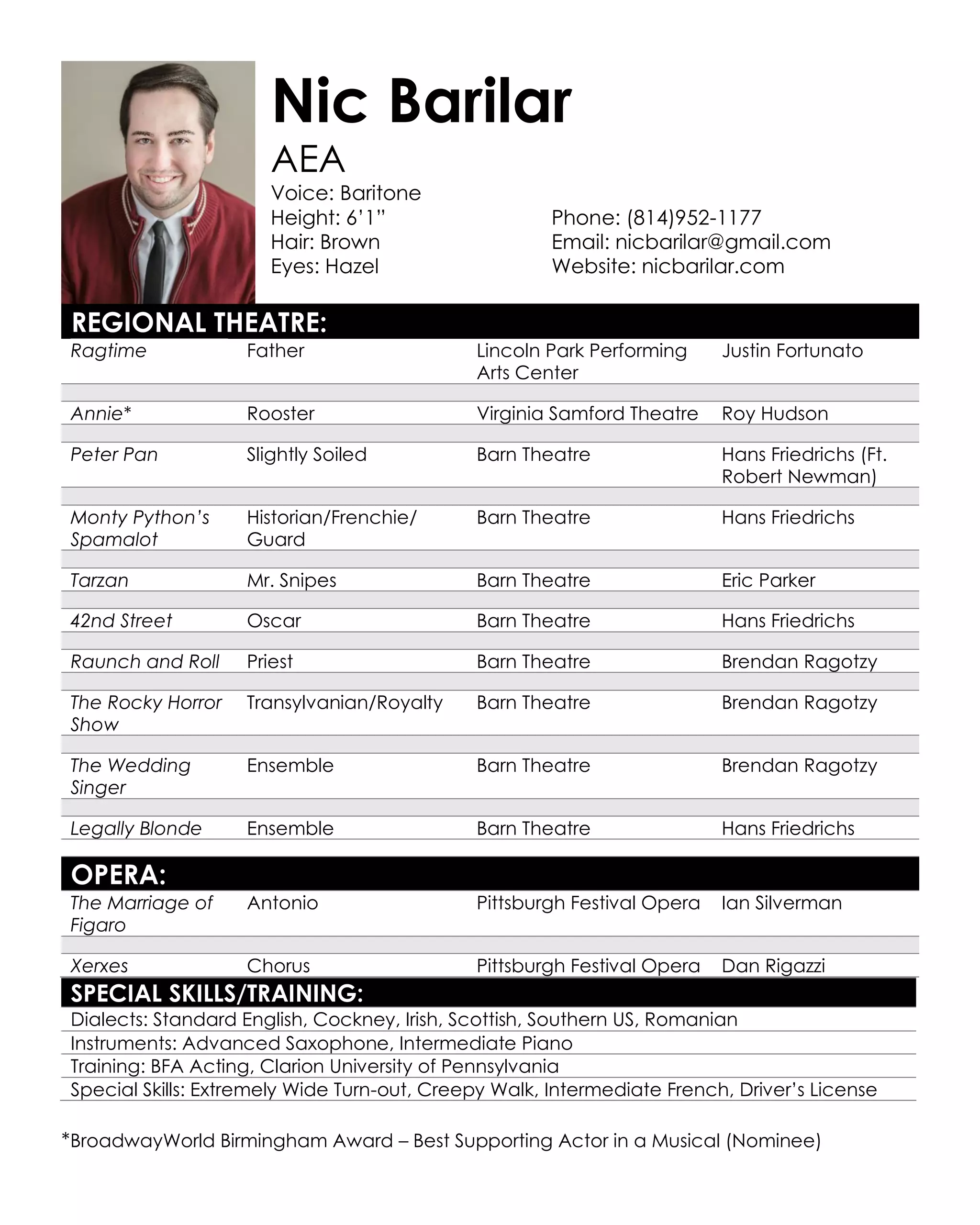 Nic Barilar Acting Resume | PDF