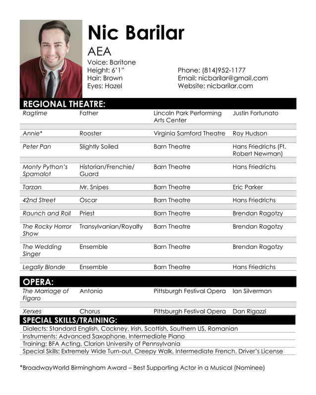 Nic Barilar Acting Resume | PDF