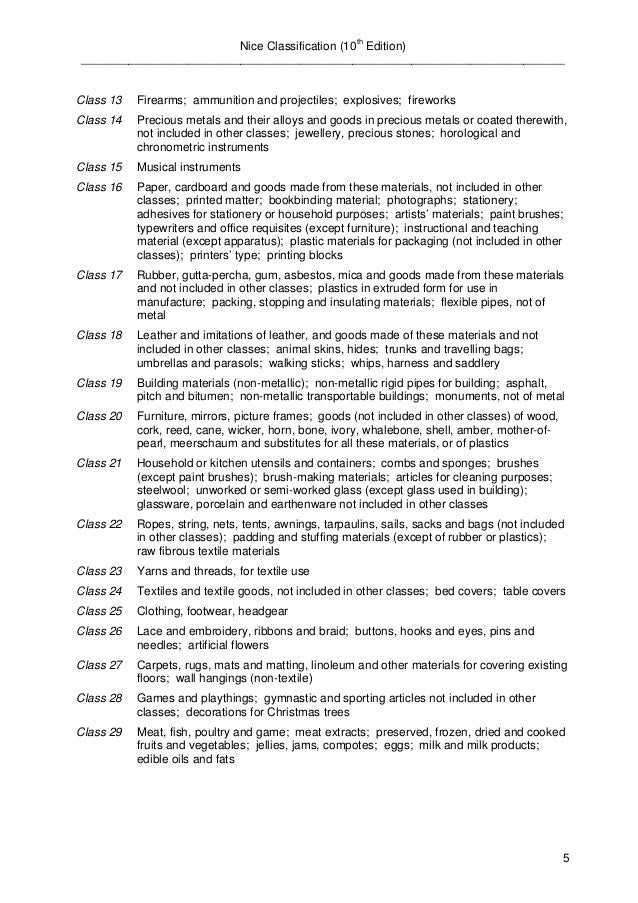 Nice classification for trade mark