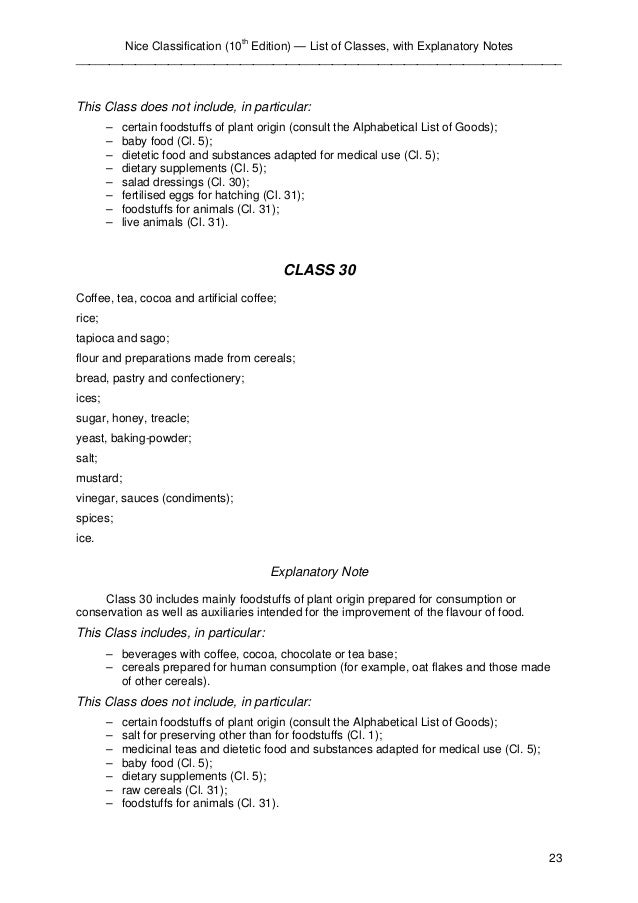 Nice classification for trade mark