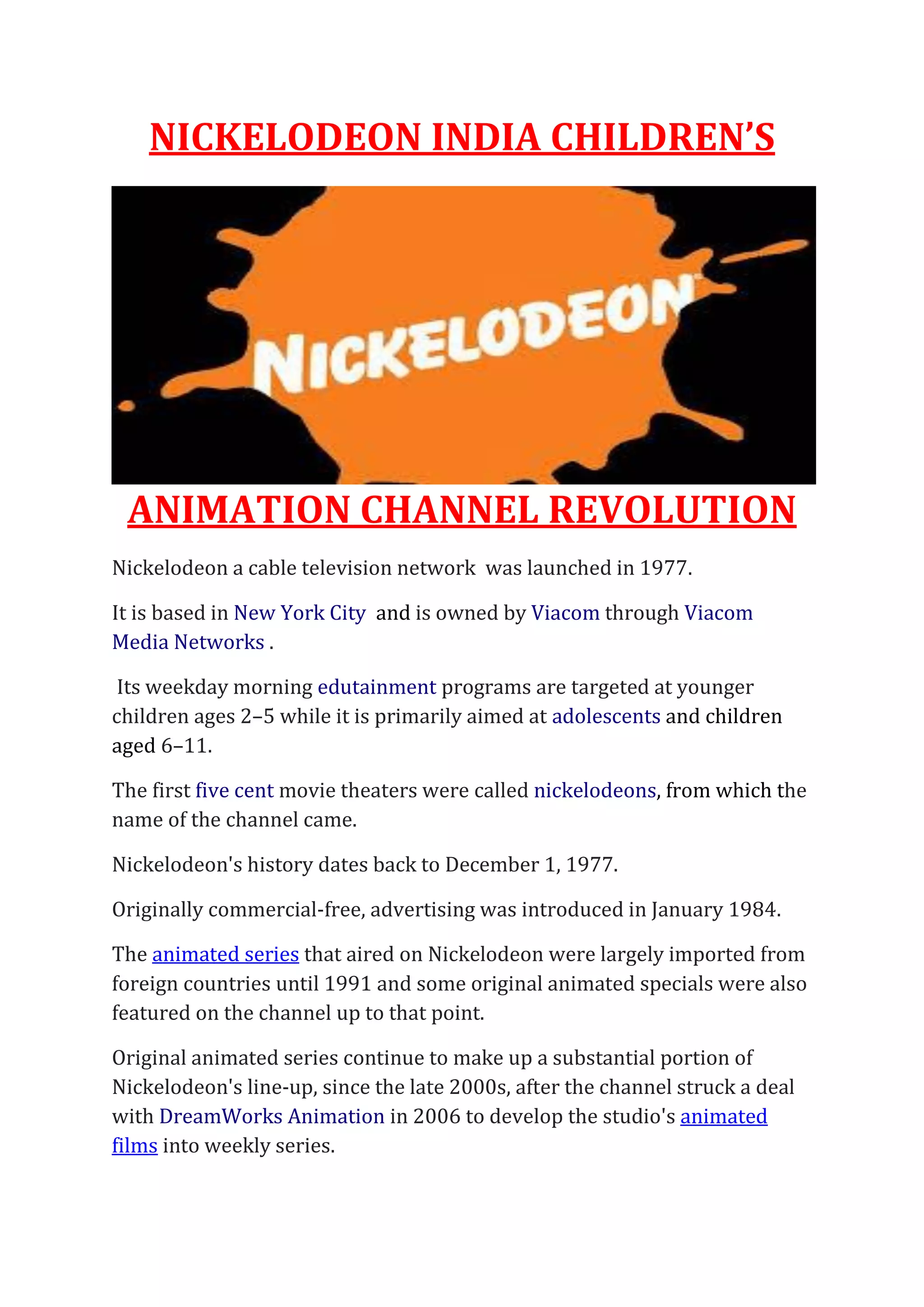 NICKELODEON INDIA CHILDREN’S ANIMATION CHANNEL | PDF